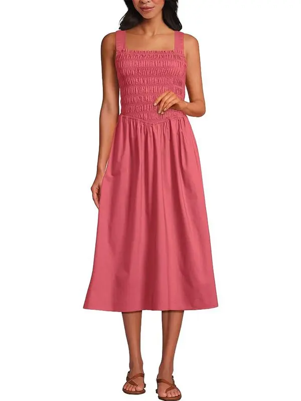 LANDS' END Poplin Smocked Bodice Midi Dress - Soft Mojave Rose