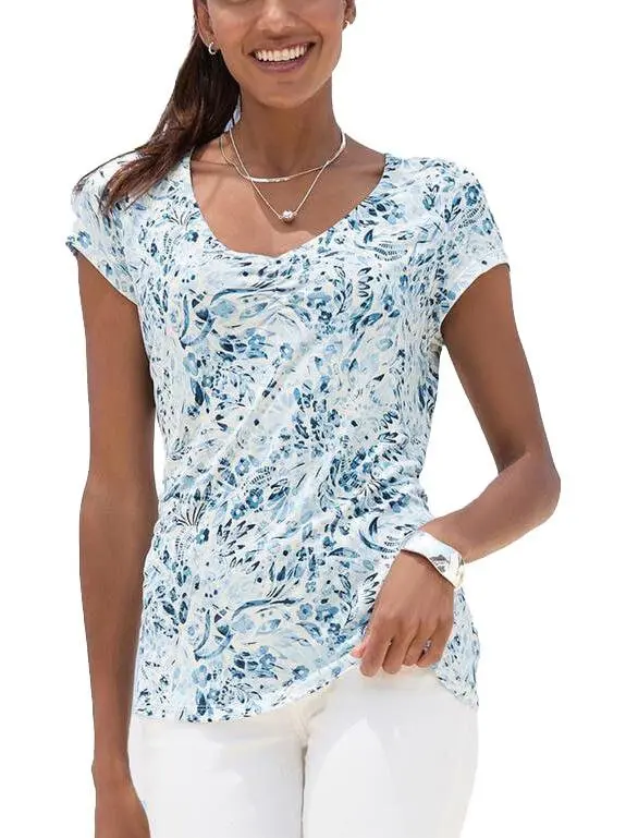 LASCANA Floral Ruched V-neck Top - Blue Floral