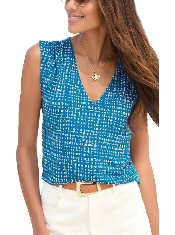 LASCANA Printed V-neck Top - Blue-printed