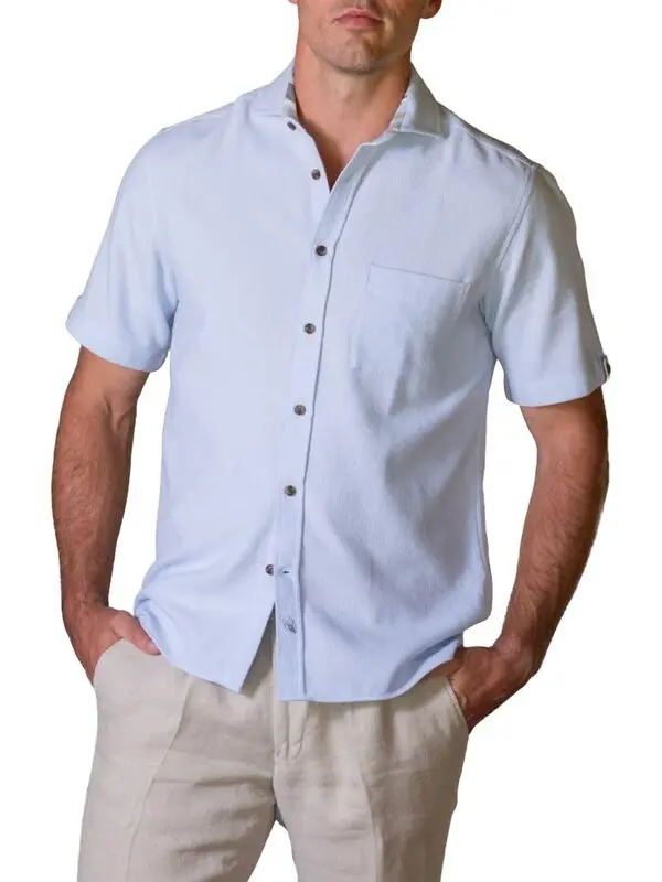 KOY CLOTHING Cotton Short Sleeve Sack Weave Shirt - Light Blue