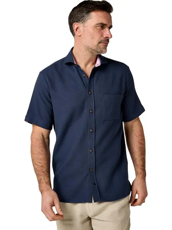 KOY CLOTHING Cotton Short Sleeve Sack Weave Shirt - Navy