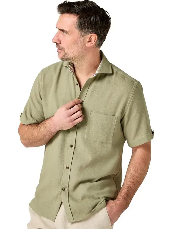 KOY CLOTHING Cotton Short Sleeve Sack Weave Shirt - Olive