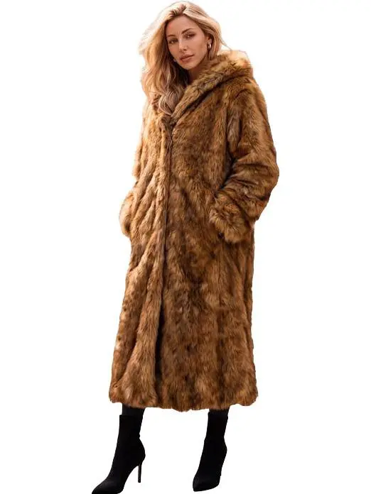 Roaman's Hooded Faux Fur Long Coat - Black