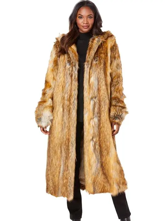 ROAMAN'S Hooded Faux Fur Long Coat - Fox