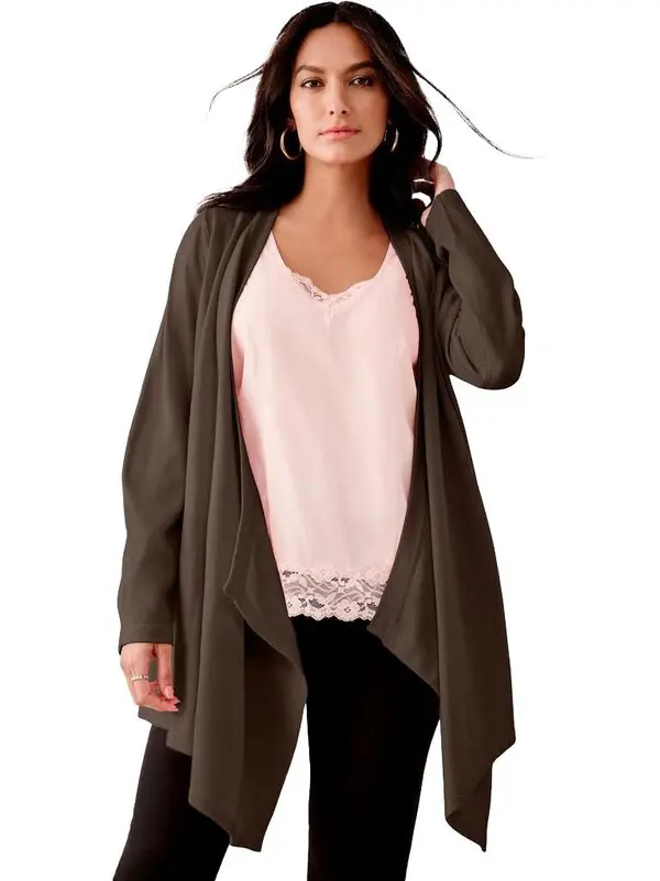 Roaman's Lightweight Handkerchief Hem Cardigan Sweater - Chocolate