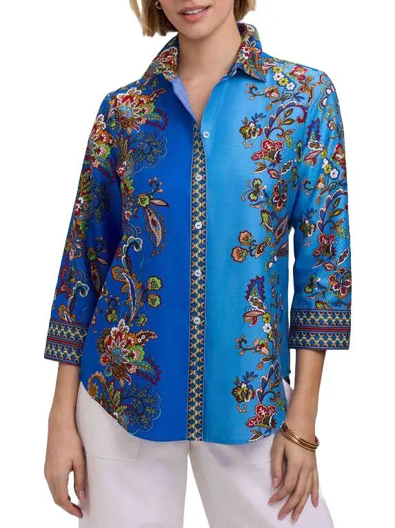 Foxcroft Margaret Floral Cotton Button-up Shirt - Blue Multi