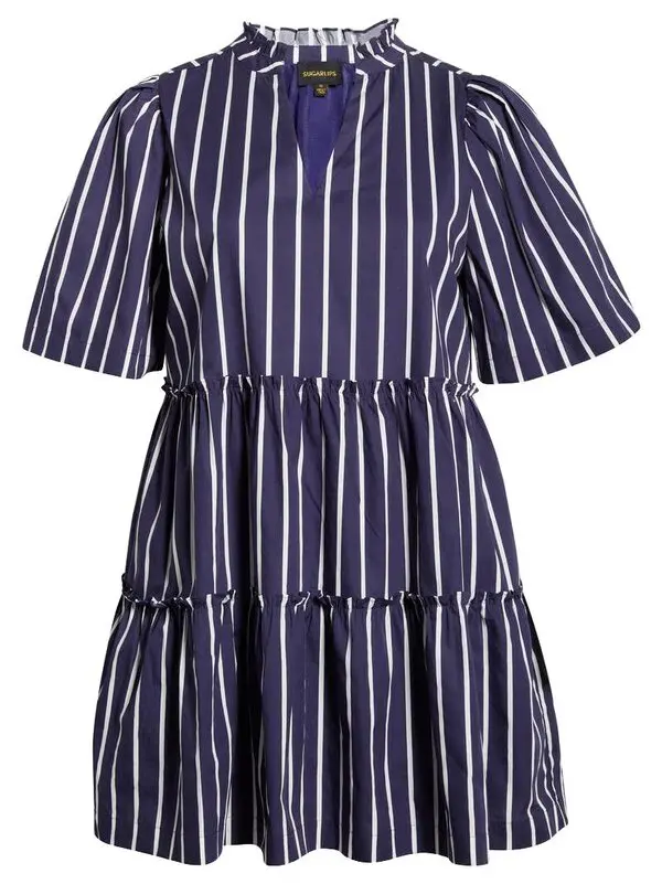 SUGARLIPS Stripe Split Neck Trapeze Dress - Navy-wht-stripe