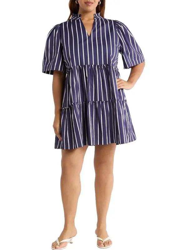 SUGARLIPS Stripe Split Neck Trapeze Dress - Navy-wht-stripe