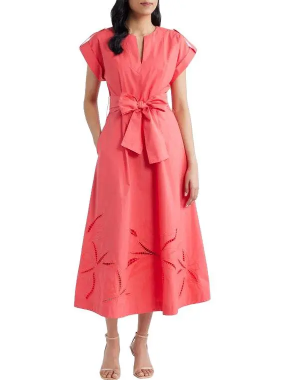 Vince Camuto Ladder Stitch Embroidered Cotton Poplin Midi Dress With Tie Belt - Coral