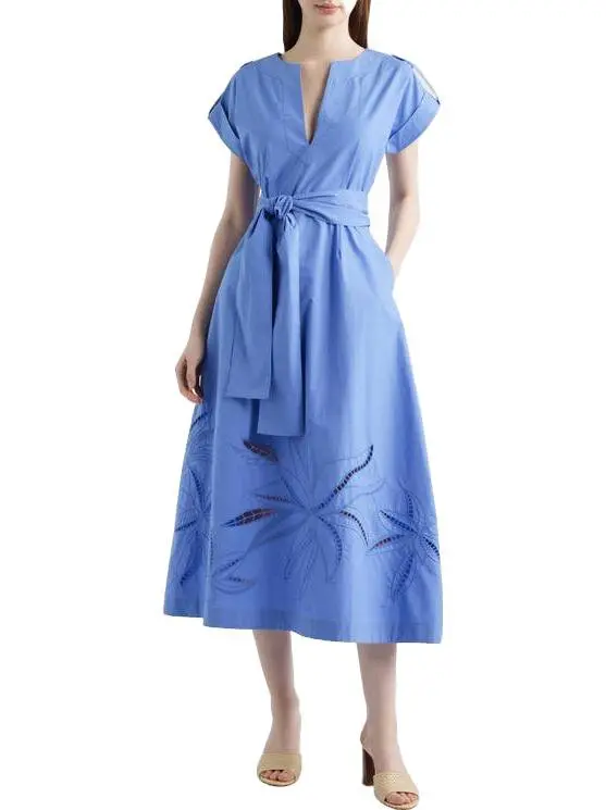 Vince Camuto Ladder Stitch Embroidered Cotton Poplin Midi Dress With Tie Belt - Periwinkle