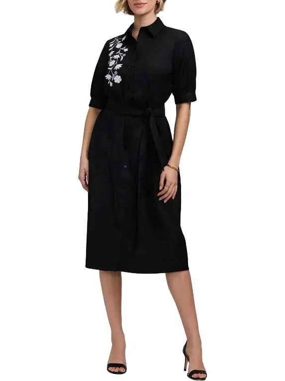 Foxcroft Esther Belted Floral Embroidered Shirtdress - Black/white