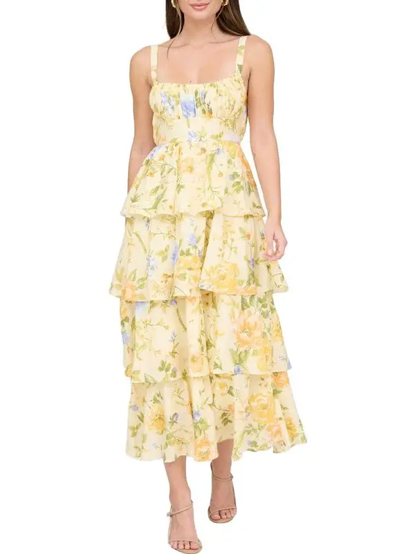 BLU PEPPER Floral Tiered Dress - Butter Yellow Multi