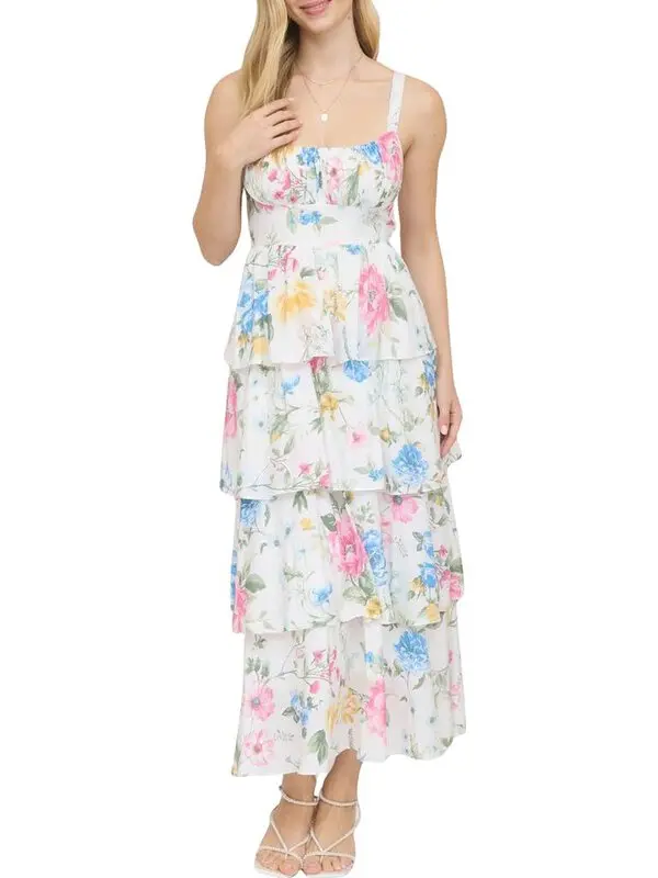 BLU PEPPER Floral Tiered Dress - Off White Multi