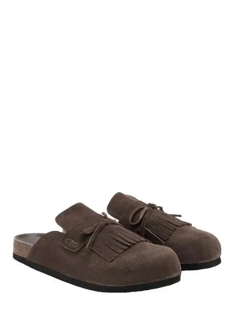 Mango Kiltie Fringe Clogs - Brown