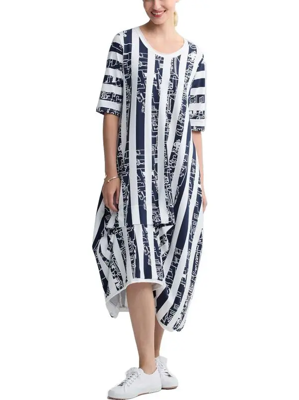 LUUKAA Striped Cotton Jersey Midi Dress - Navy