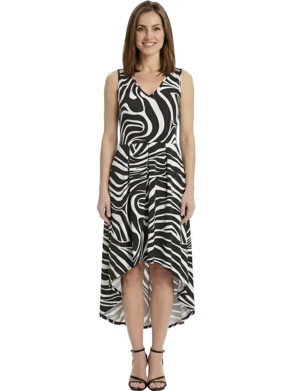 24SEVEN COMFORT APPAREL Petite Zebra Print High Low Midi Dress - Black Multi