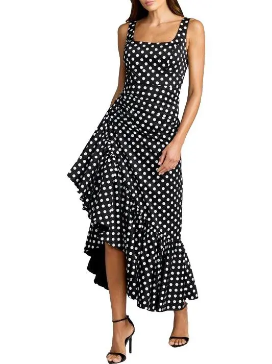 Mac Duggal Polka Dot Midi Dress With Ruffled Hem - Black Ivory