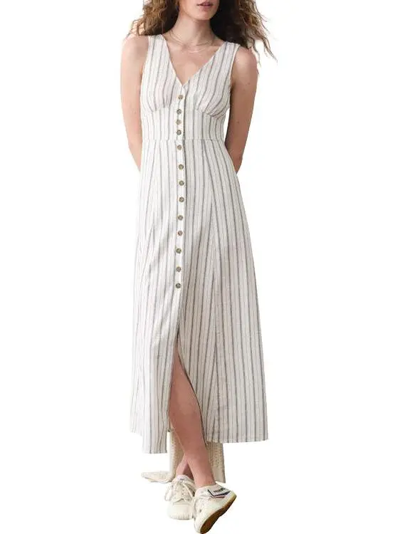 Marine Layer Camila Stripe Button-front Hemp Blend Maxi Dress - Cream/navy Stripe