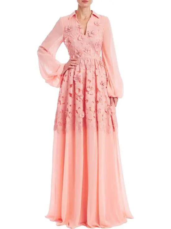 Badgley Mischka Floral Embellished Evening Gown - Coral