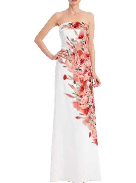 Badgley Mischka Embellished Floral Strapless Gown - Ivory Multi