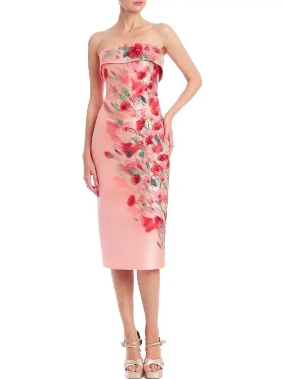 Badgley Mischka Flower Embellished Strapless Cocktail Dress - Pink Multi