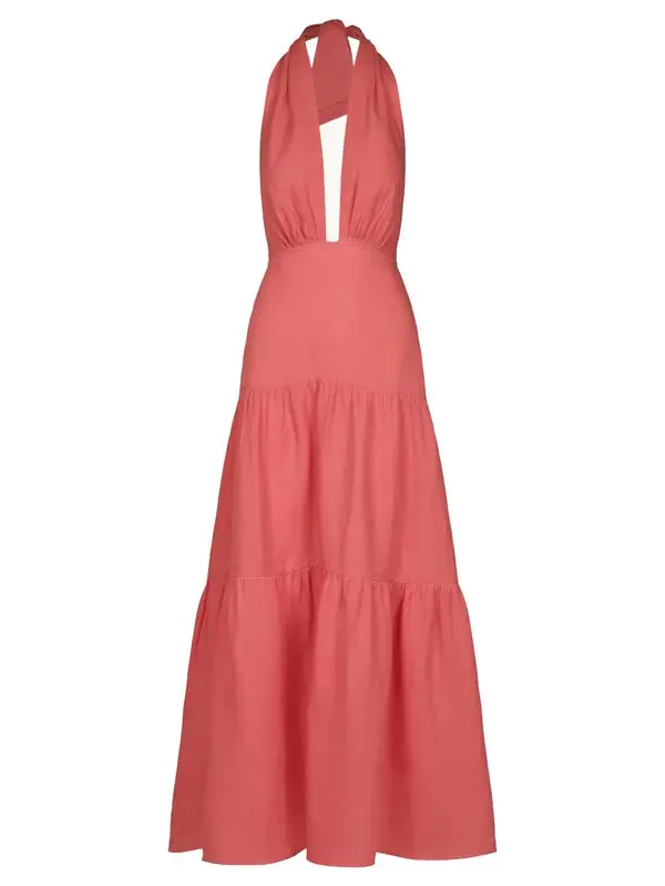 Johanna Ortiz Tiered Halter Linen Dress - Peach