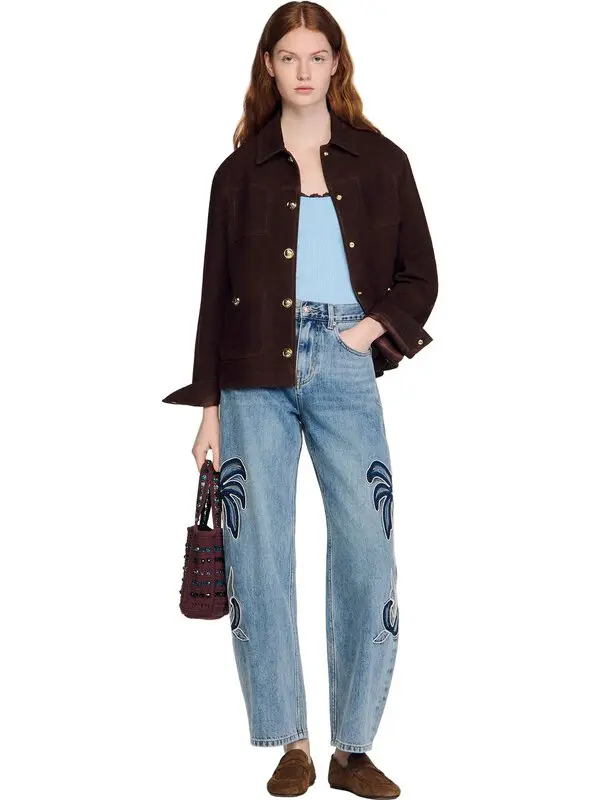 Sandro Palm Tree Embroidered Barrel Jeans - Blue Jean