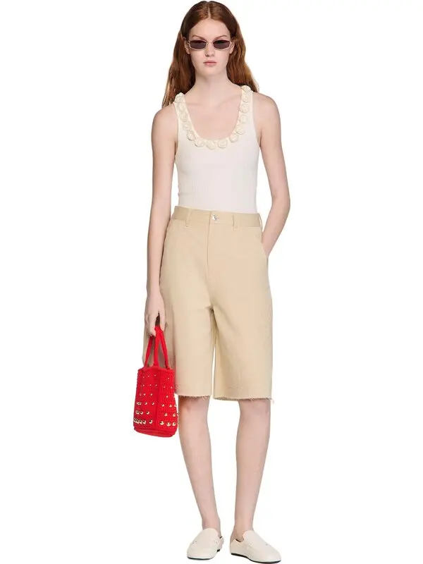 Sandro Ribbed Knit Top With Beaded Roses - White