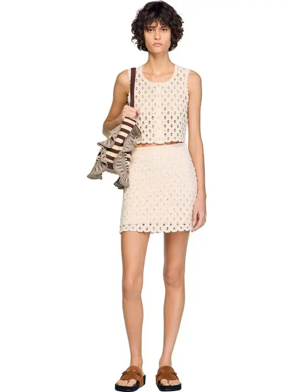 Sandro Mini Beaded Crochet Knit Flared Skirt - Ecru