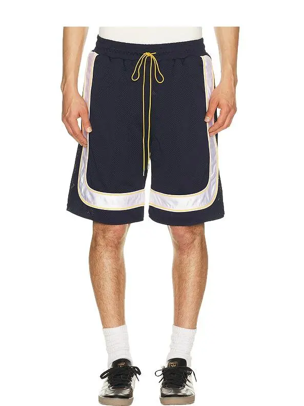 Rhude Mesh Piping Baggy Track Shorts - Navy  Yellow  & White