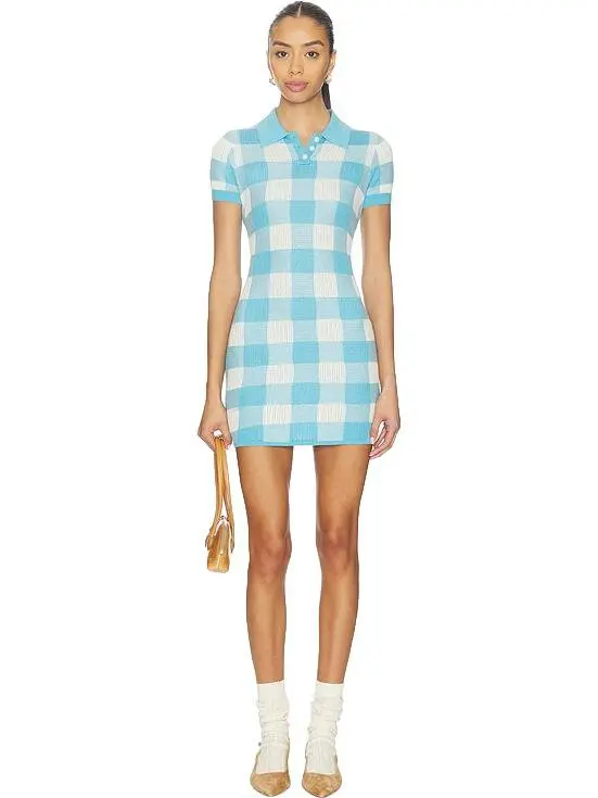 Guest In Residence Gingham Polo Shirt Dress - Swimming Pool & Cream