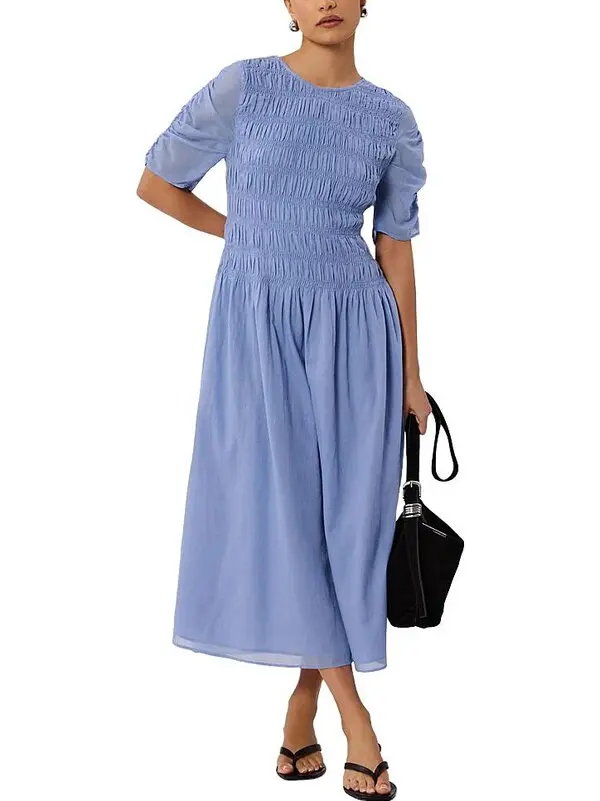 Whistles Petite Shirred Panel Cotton Dress - Pale Blue