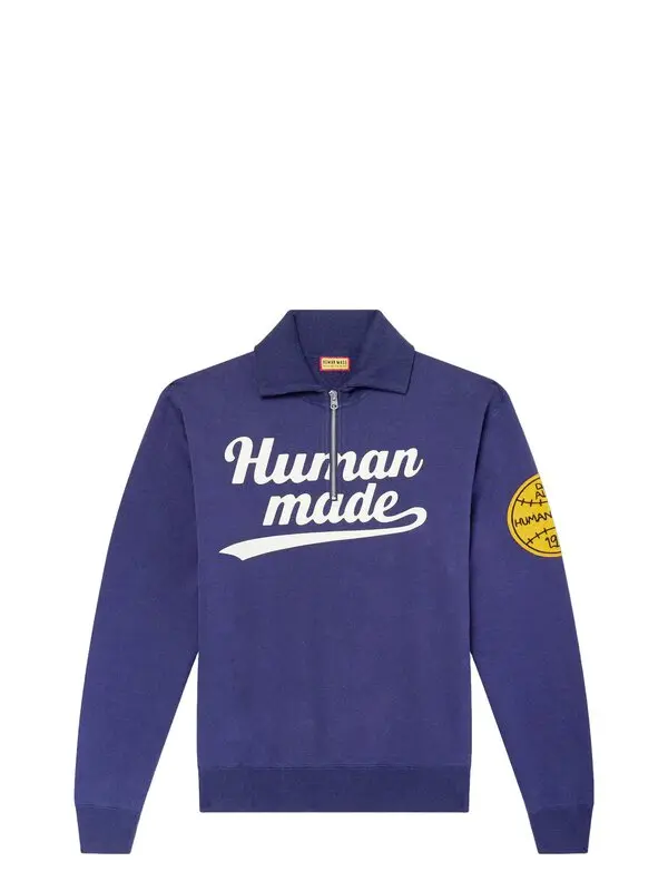 HUMAN MADE Logo-print Cotton-jersey Zip-up Sweatshirt - Blue