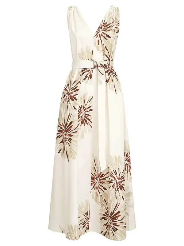 Brunello Cucinelli Floral Print Cotton Midi Dress - Beige