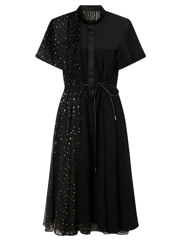 Sacai Belted Polka-dot Chiffon And Satin Midi Dress - Black