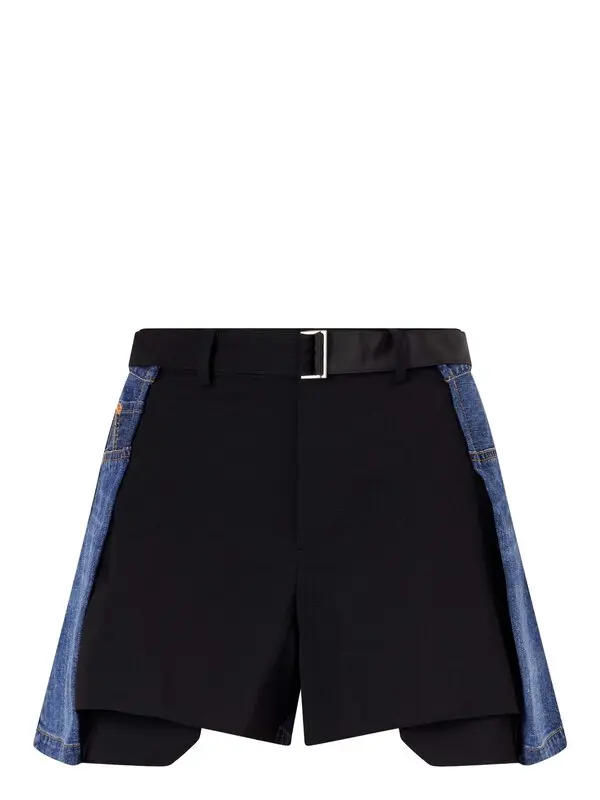 Sacai Belted Wool-trimmed Denim Shorts - Black