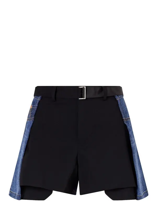 Sacai Belted Wool-trimmed Denim Shorts - Black