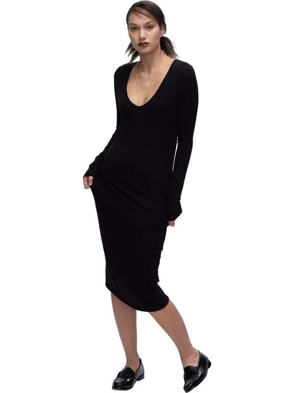 ATM Anthony Thomas Melillo Modal Rib Long Sleeve Deep V-neck Midi Dress - Black