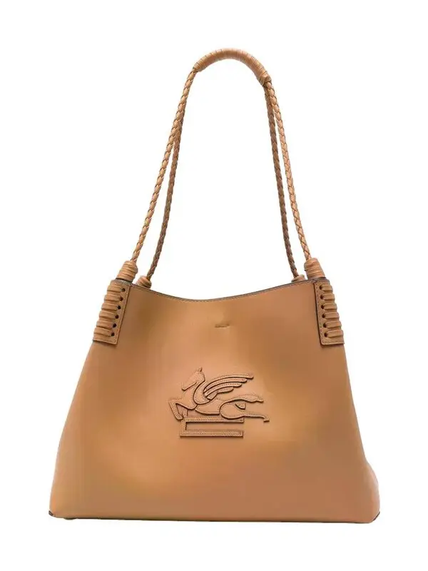 Etro Leather Shoulder Bag With Braided Handle And Pegasus Motif - Neutrals