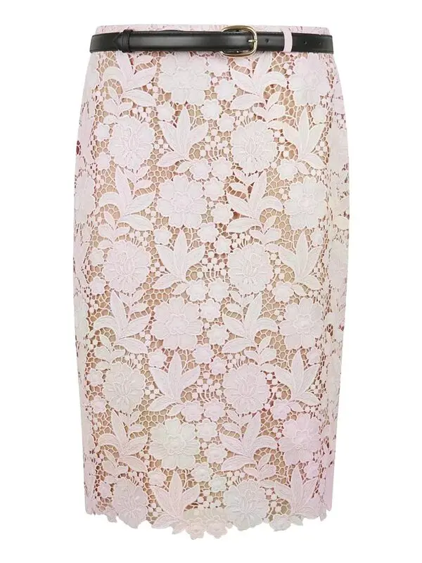 SELF-PORTRAIT Floral Lace Midi Skirt With Belt - Pink