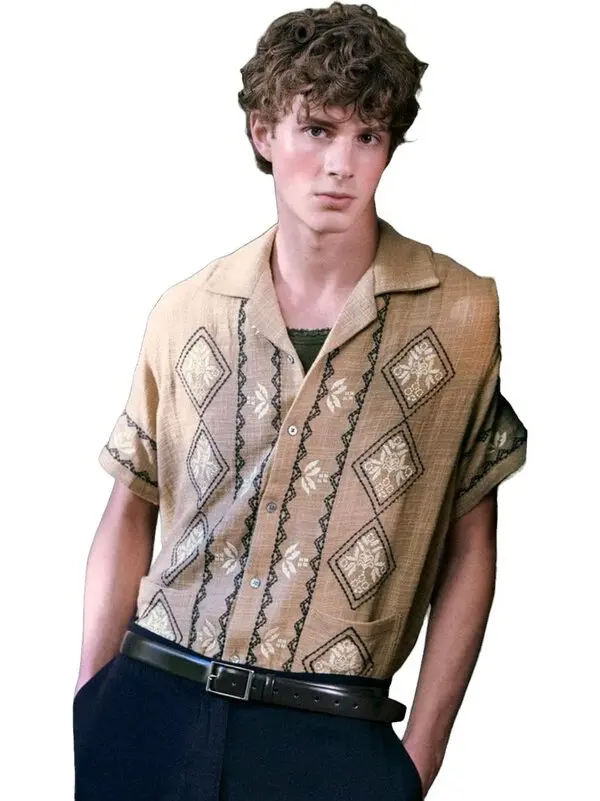 BAZISZT Taupe Mexican Shirt - Beige
