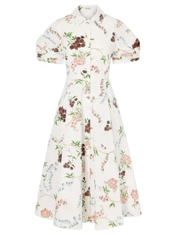 Erdem Pleated Floral-print Cotton-poplin Midi Shirt Dress - White