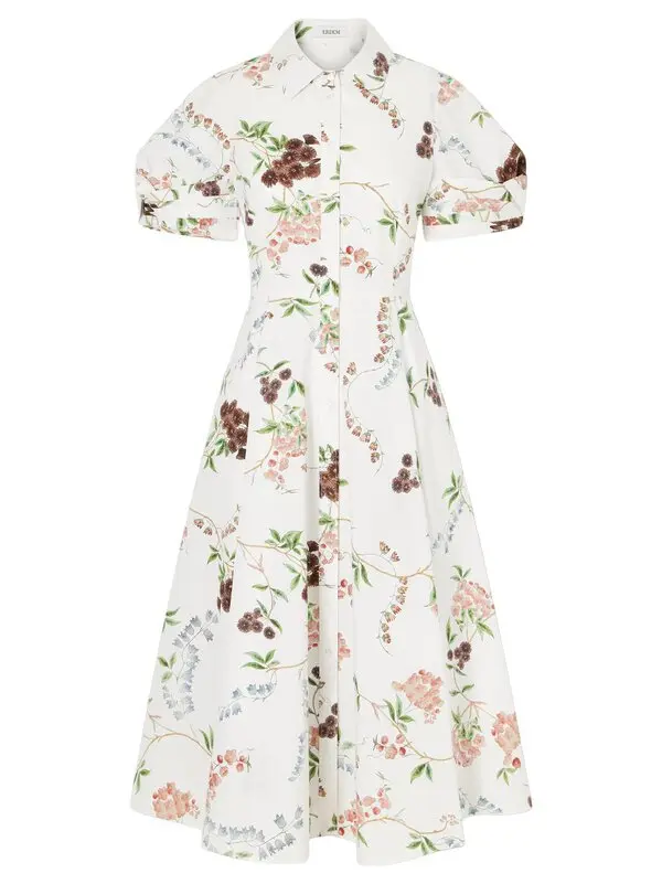 Erdem Pleated Floral-print Cotton-poplin Midi Shirt Dress - White