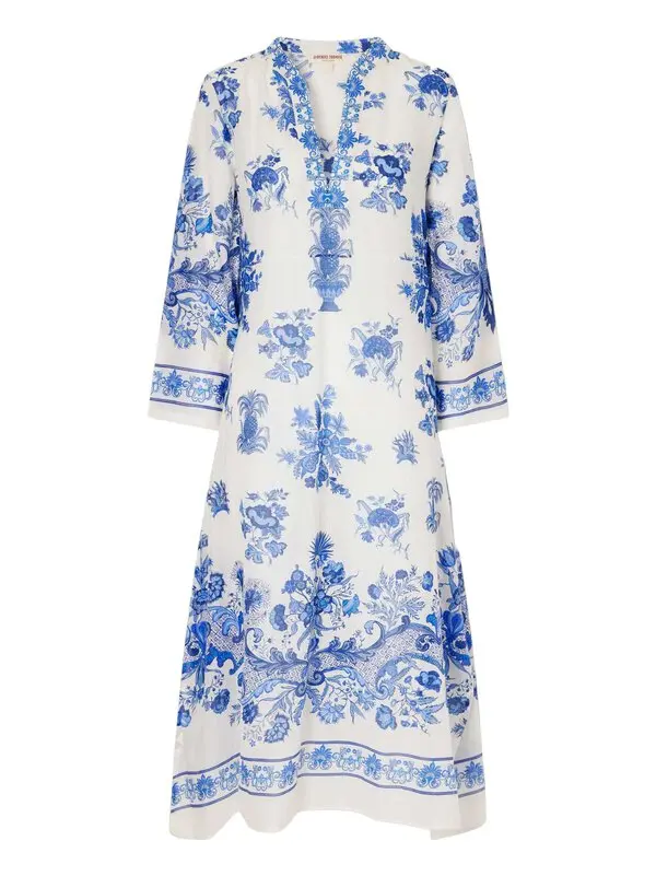 EMPORIO SIRENUSE Giada Floral-print Cotton-voile Kaftan - Blue