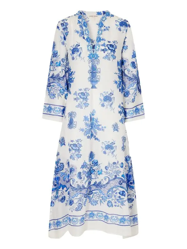 EMPORIO SIRENUSE Giada Floral-print Cotton-voile Kaftan - Blue