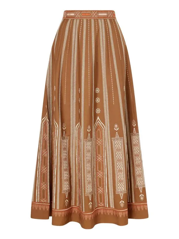 EMPORIO SIRENUSE Camille Embroidered Cotton-blend Midi Skirt - Brown