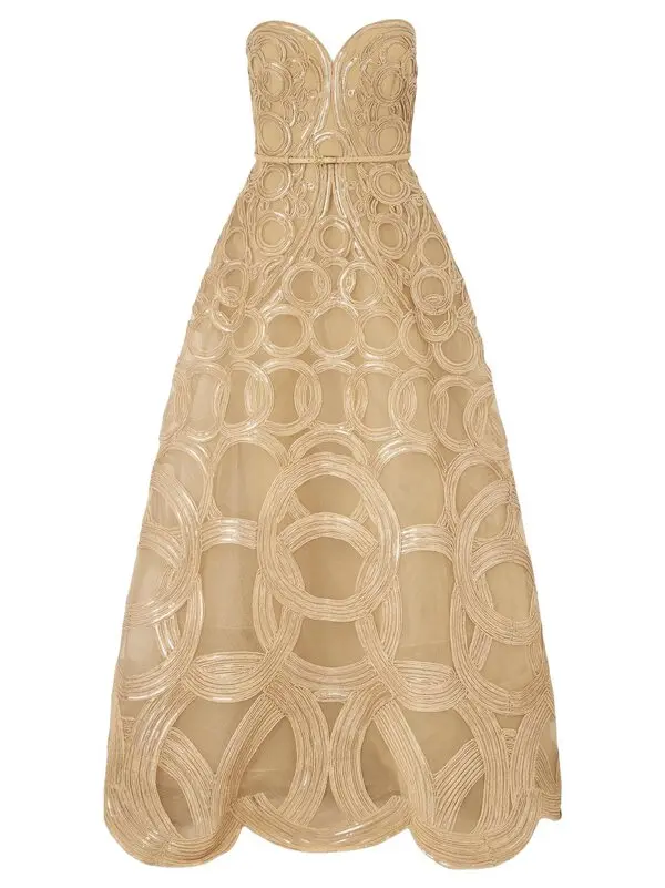 Elie Saab Strapless Sequin-embellished Raffia-trimmed Tulle Midi Dress - Neutrals