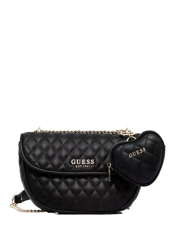 Guess Quilted Cross-body Bag With Chain Strap And Heart Charm - Black