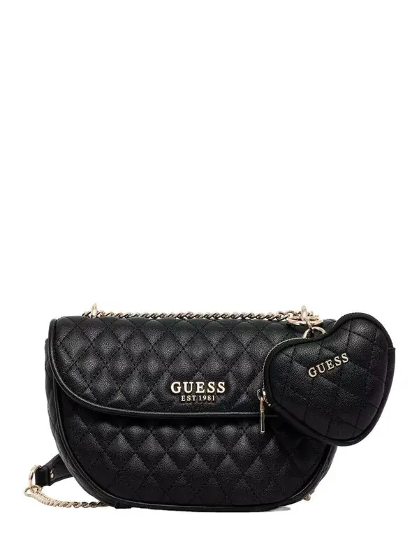 Guess Quilted Cross-body Bag With Chain Strap And Heart Charm - Black