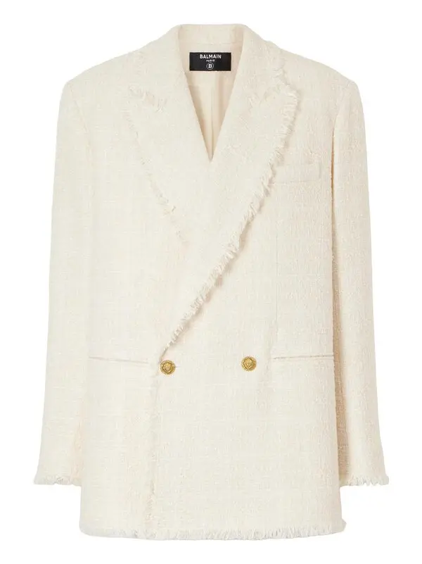 Balmain Double-breasted Frayed Wool And Cotton-blend Tweed Blazer - Neutrals